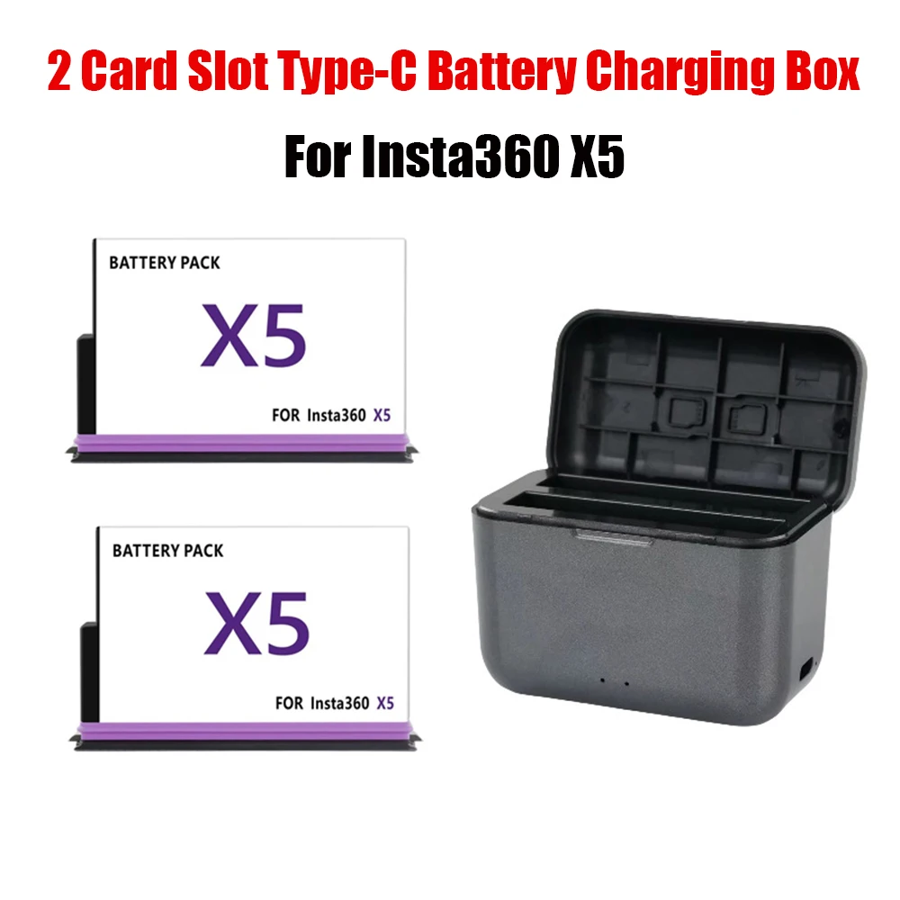 For Insta 360 X5 2800mAh Rechargeable Li-ion Battery 2 Card Slot Type-C ...