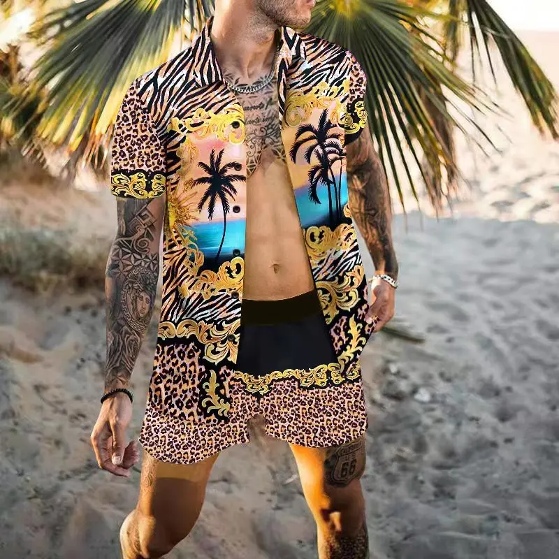NEW-Golden-Leopard-print-Men-Short-Sleeve-Casual-Shirt-Sets-Beach ...