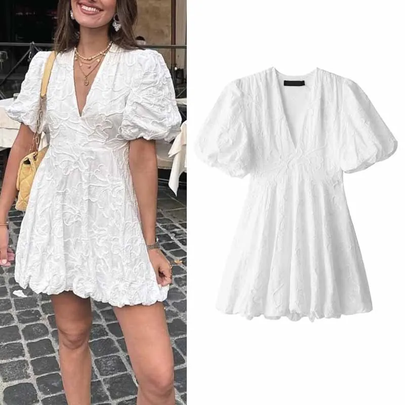 TRAF-Floral-Mini-Women-Dress-V-Neck-Embroidery-Ruffle-Lady-Dress-New-In ...