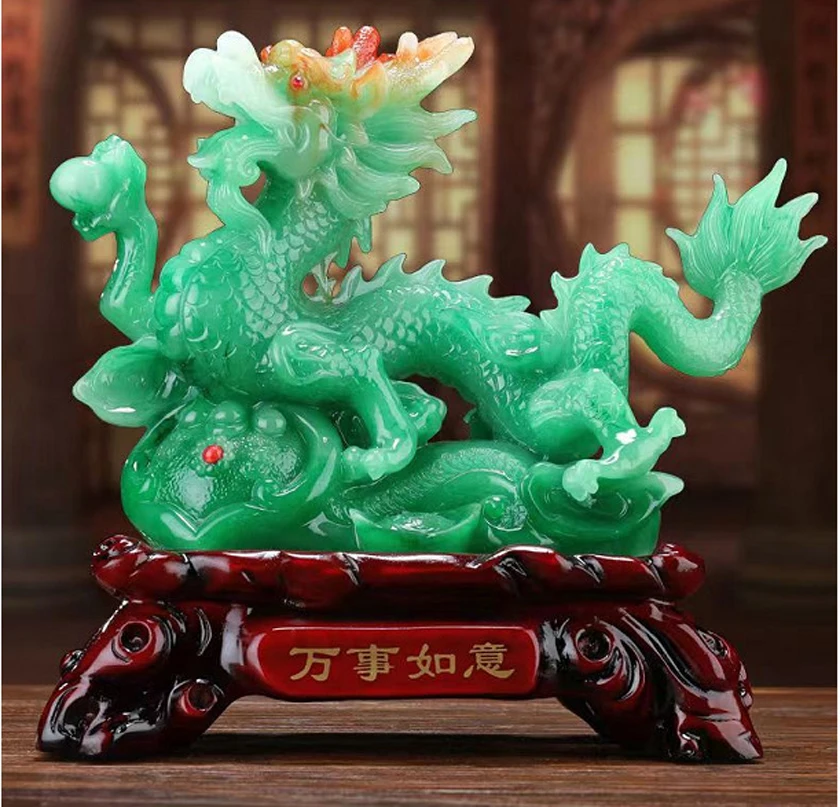 Feng shui Resin Sculpture Loong Chinese Home Decor Lucky Statue Office Figurines Imitation jade ...