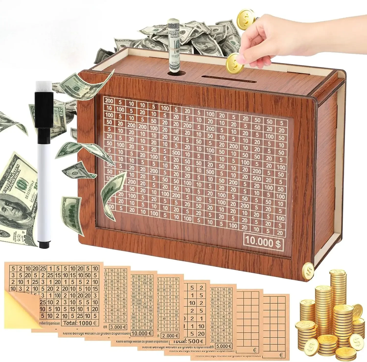 Euro-Saving-Money-Box-Piggy-Bank-Cash-Wooden-Savings-Challenge-Box-with ...