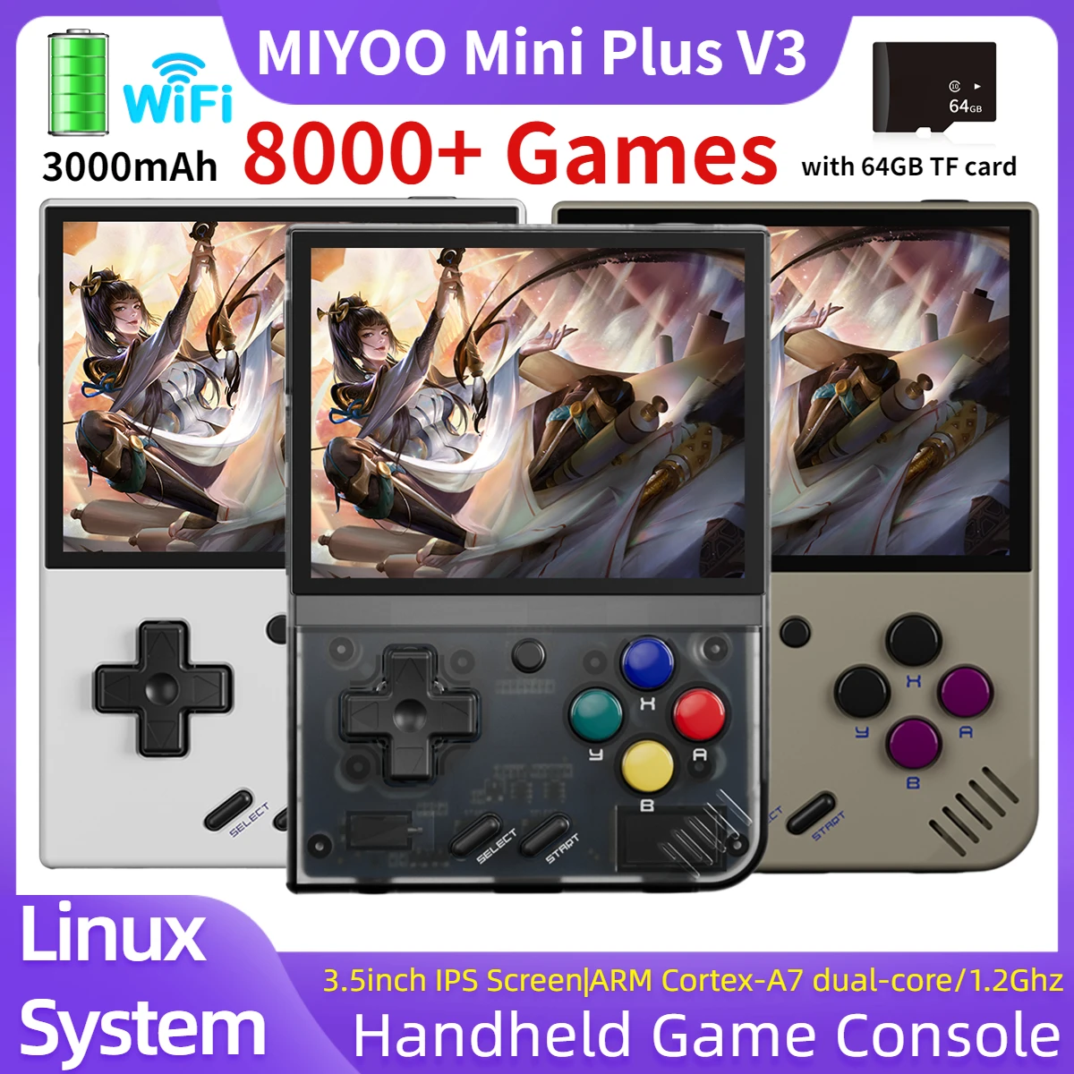 Myoo-Mini Plus V3ポータブルビデオゲームコンソール,3.5インチIPS HDディスプレイ,3000mAh,wifi,8000 ...