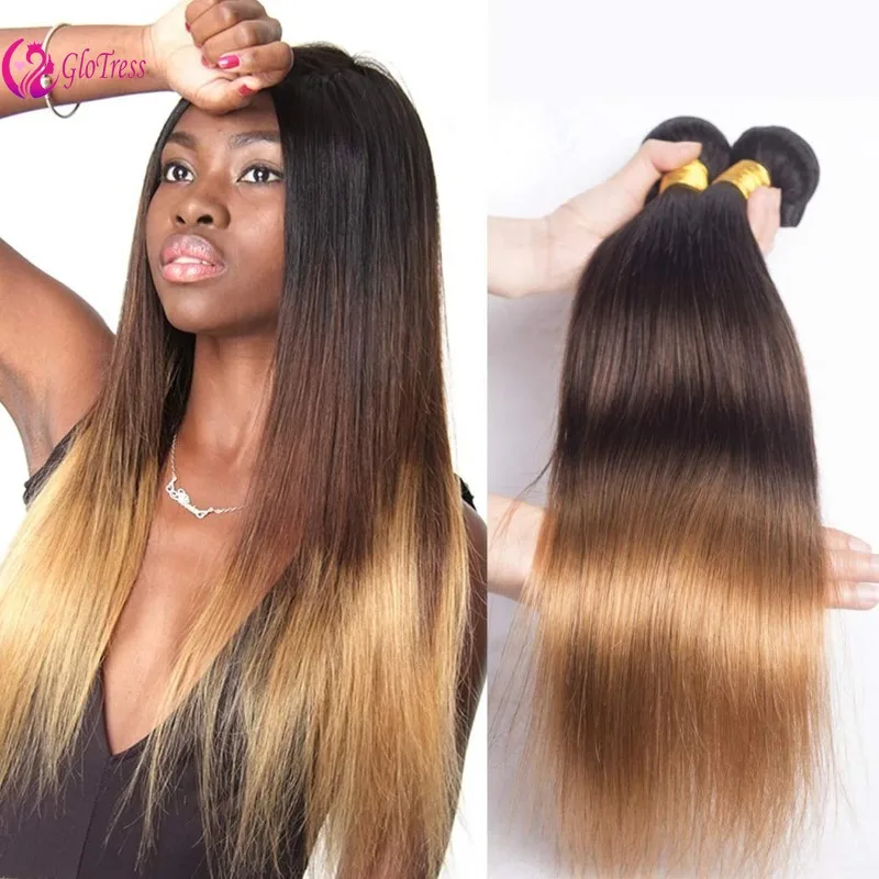 Ombre Brazilian Virgin Human Hair Bundle 12-26Inch Straight Weave Double Weft Extension Hair ...
