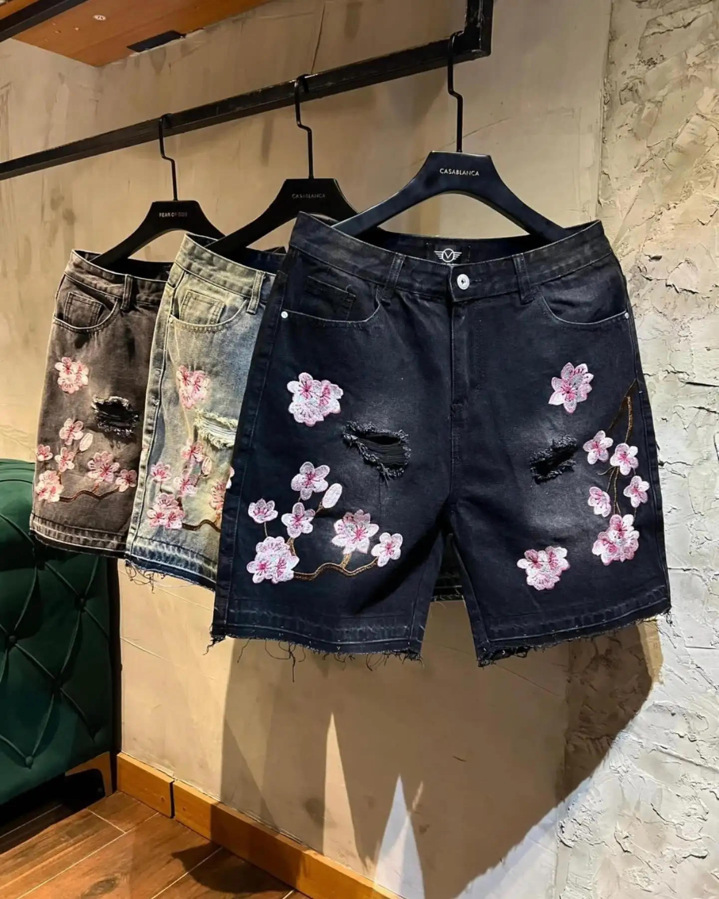 Gothic Cherry Blossom Embroidered Denim Shorts Y2K New Harajuku Hip Hop ...