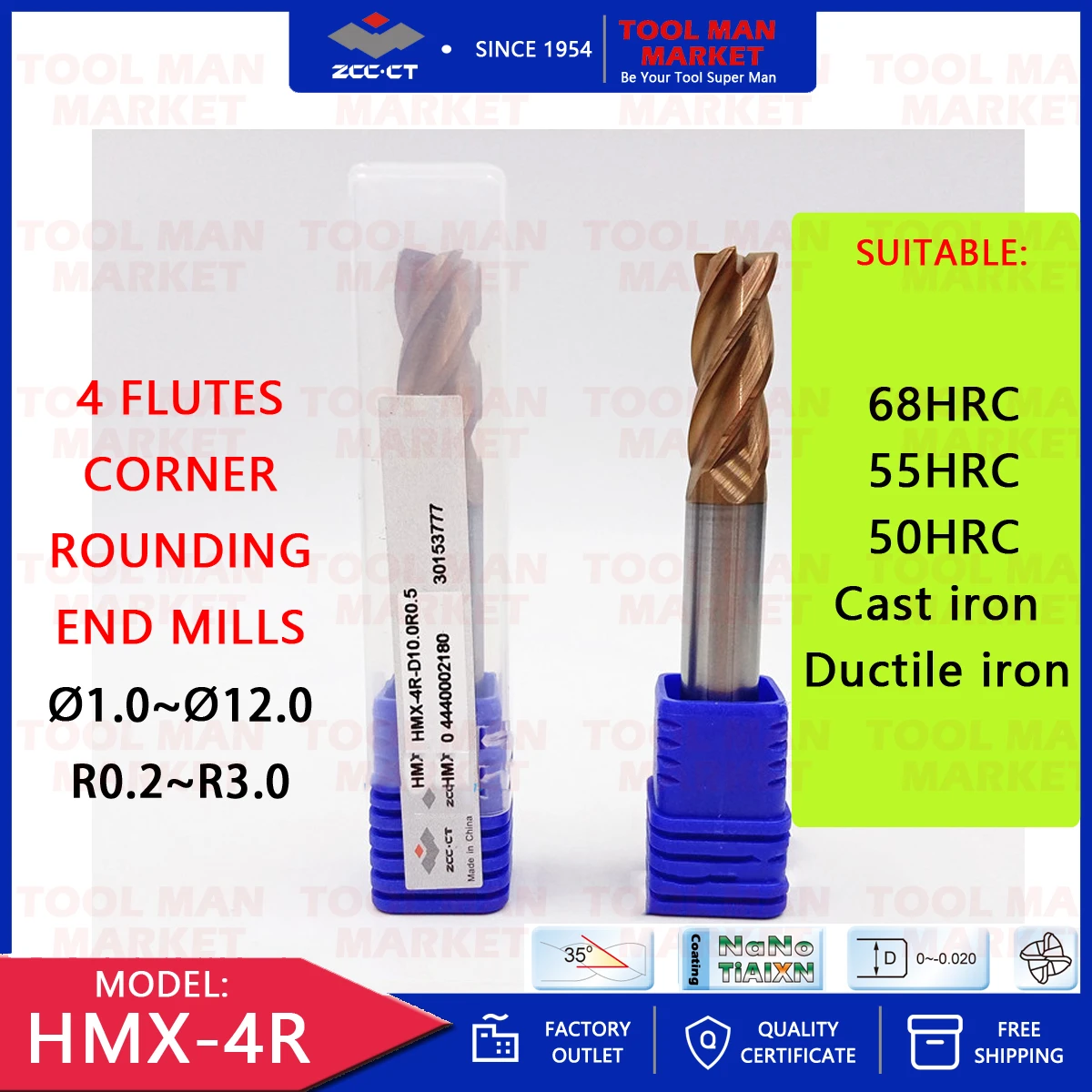 Hmx-4r Zcc.ct 4 Flutes Straight Shank Corner Rounding High Hardness End ...