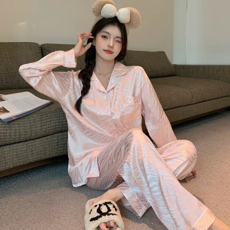 Women-s-Pajamas-Sets-Spring-Autumn-2-Piece-Striped-Print-Pyjama-Faux ...
