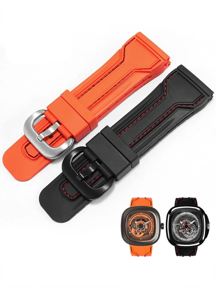 Silicone-Watch-Strap-for-Seven-Friday-Black-Orange-Male-M1-M2-P3-S2-P1 ...
