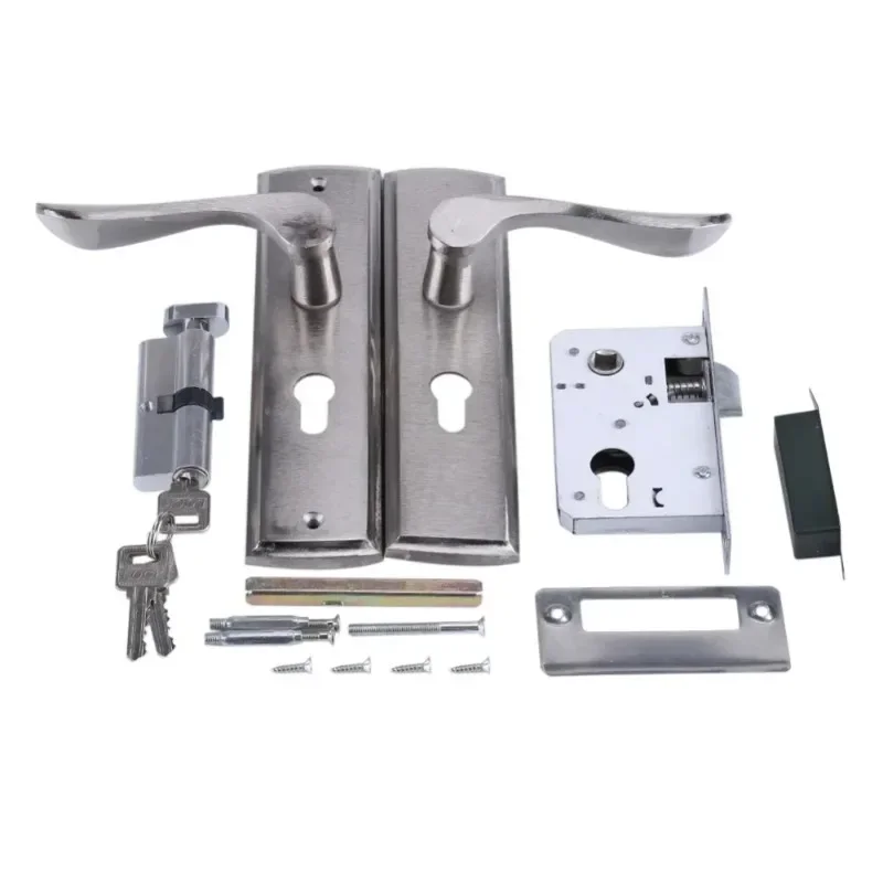 Silver Durable Door Handle Lock Cylinder Front Back Lever Latch Home ...