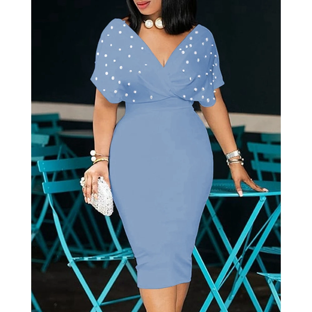 Summer-Fashion-Beaded-Decro-V-Neck-Bodycon-Short-Dress-for-Women-Femme ...