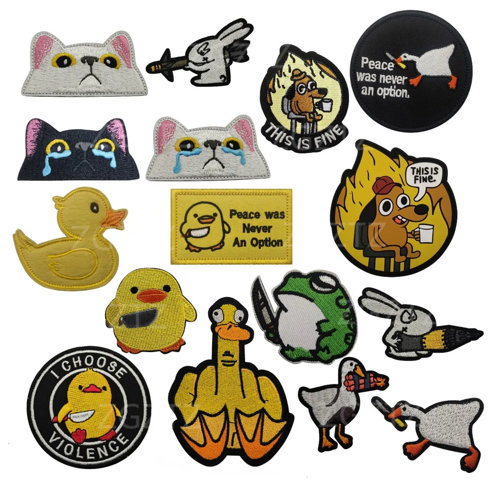 Cute-Cartoon-Animal-Hook-Loop-Patches-Cat-with-Knife-Duck-Goose-Frog ...