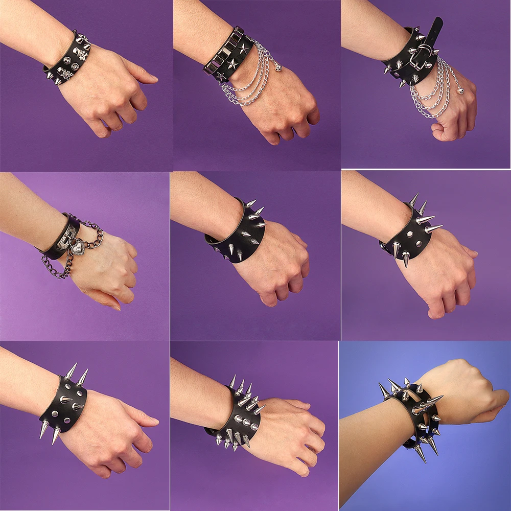 New-Heart-Star-Spike-Leather-Bracelet-Mens-Wristband-Women-Punk-Rock ...