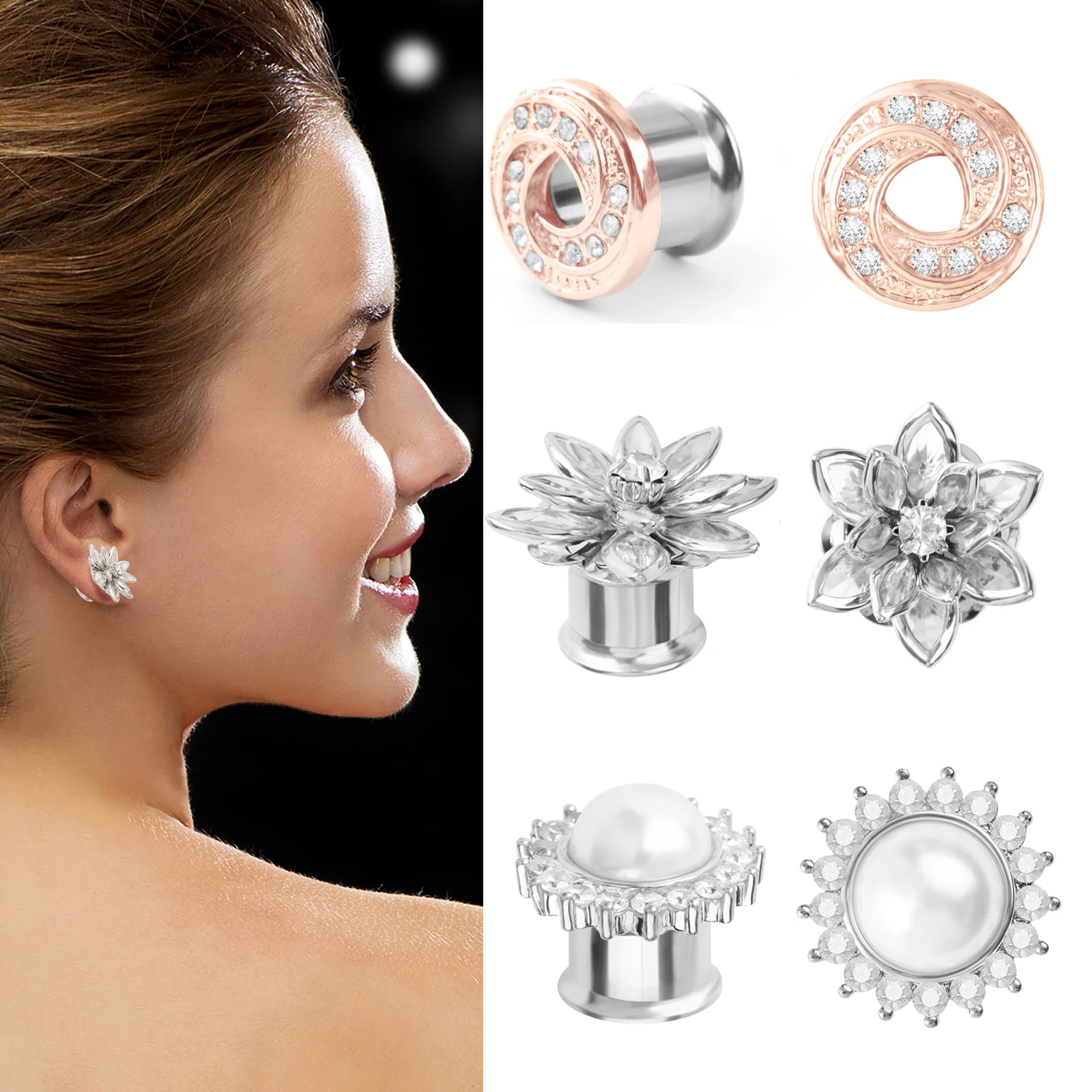1PC-Stainless-Steel-Earrings-Pearl-Diamond-Flower-Multiple-Styles-Ear ...