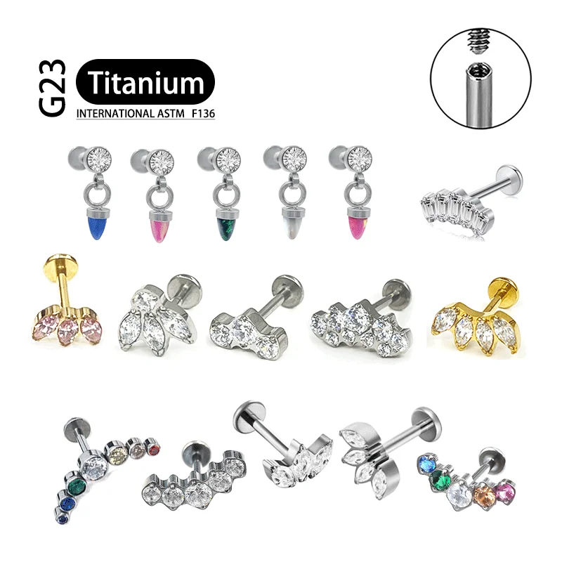 Titanium-G23-Lip-Studs-CZ-16G-Cluster-Earring-Internally-Threaded ...