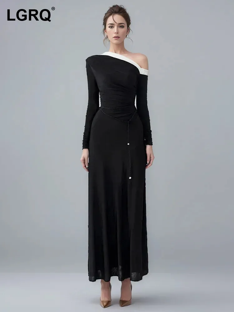 LGRQ-Women-Contrast-Color-Dress-Fashion-Diagonal-Collar-Slim-Lace-up ...