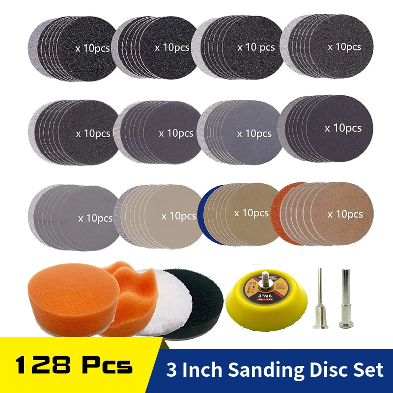 128 Pcs 3 Inch Sandpaper Grit 60-10000 Wet Dry Sanding Disc With Backer ...