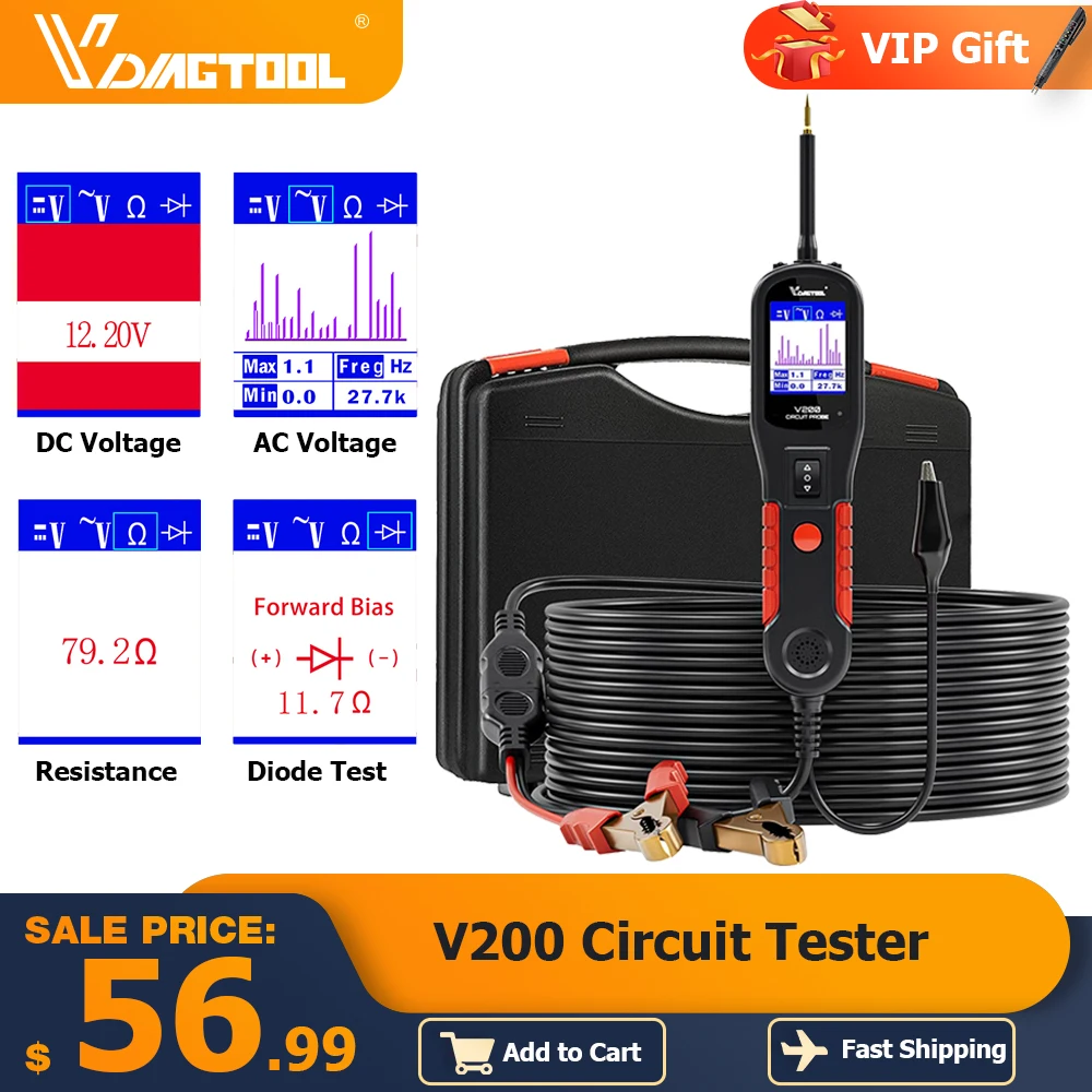 Vdiagtool V200 전원 프로브 전기 회로 테스터 6v 30v 전기 시스템 전류 테스터 내장 라이트 자동차 테스터 Dc