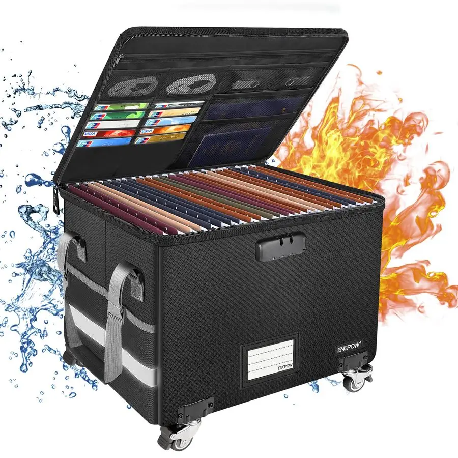 Fireproof Document Box with Wheels, Collapsible File Box with Lock ...