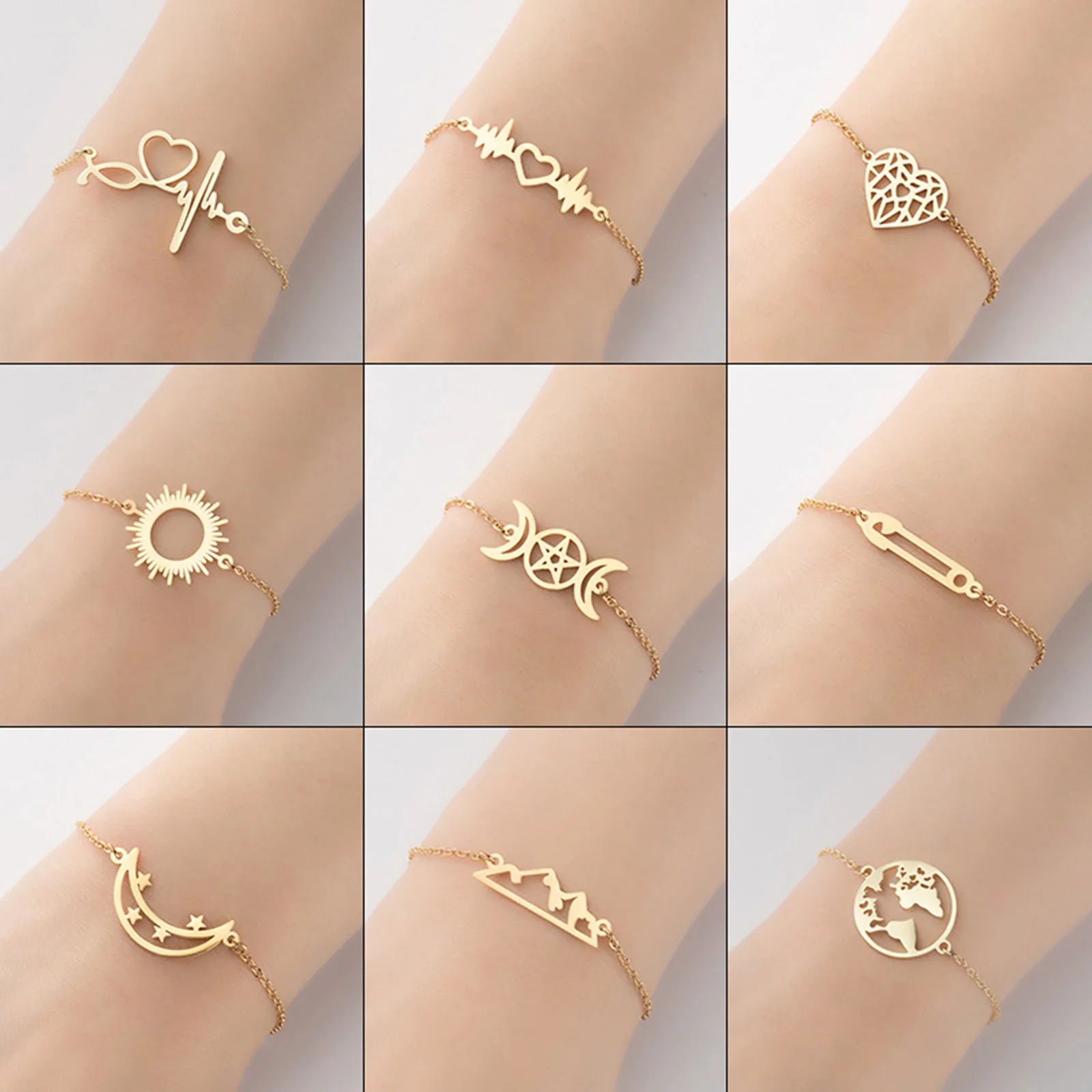 Stainless-Steel-Curb-Link-Chain-Bracelets-Multicolor-Heart-Connector ...