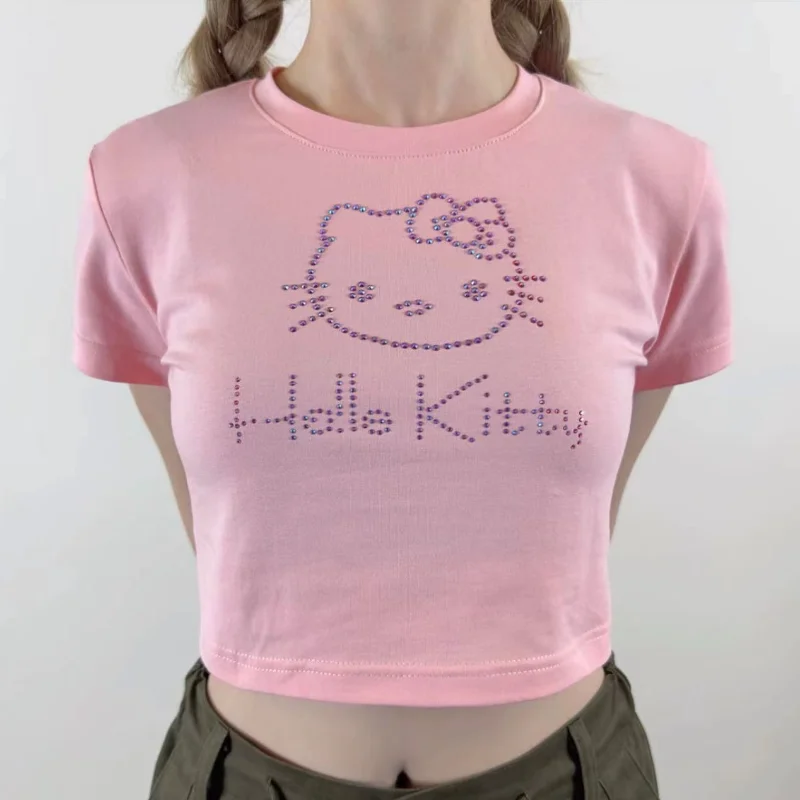 Hello-Kitty-Rhinestone-Pink-Short-Sleeve-Tee-Summer-New-Kawaii-Clothes ...