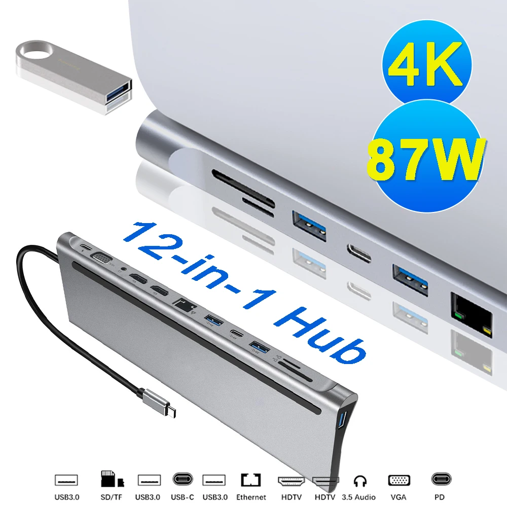 USB C Hub 12 in 1 Multi USB Splitter Docking Station Type-C USB 3.1 to ...