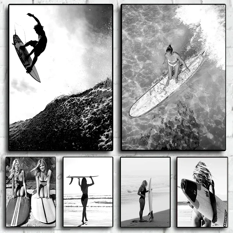 Black-White-Surfer-Vintage-Beach-Surfboard-Hawaii-Girl-Surfing-Poster ...