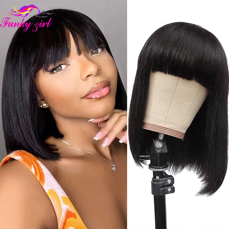 Short Bob Straight Human Hair Wigs For Women With Bangs Natural Color ...