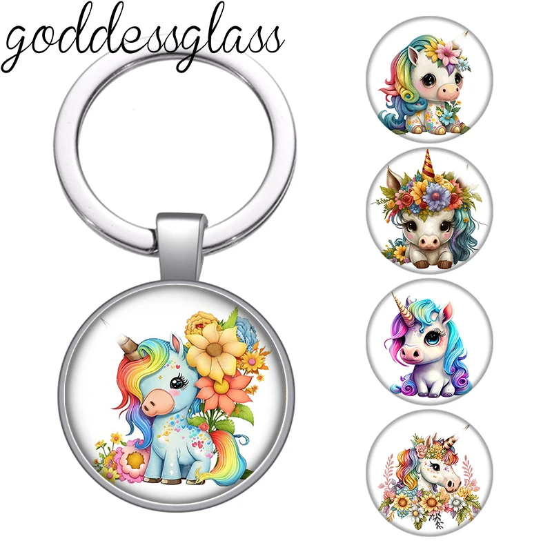 New-Cartoon-Baby-Unicorn-Colorful-flowers-cute-glass-cabochon-keychain ...