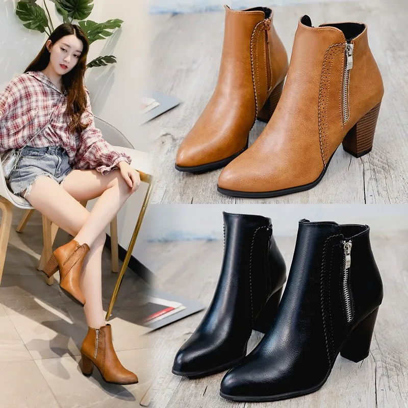 Botas cortas de tacón alto para mujer, zapatos puntiagudos a la moda ...