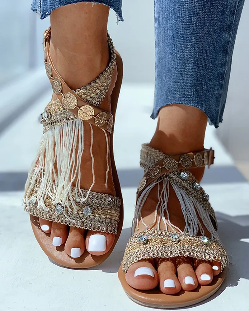 Tassel Large Size Comfort Shoes for Women Rhinestone Sandals Summer ...