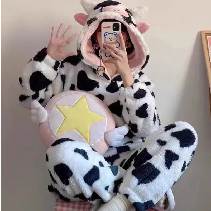 Kawaii-Hood-Cow-Pajamas-Sleeping-Wear-Female-Winter-Coral-Plush-Cute ...