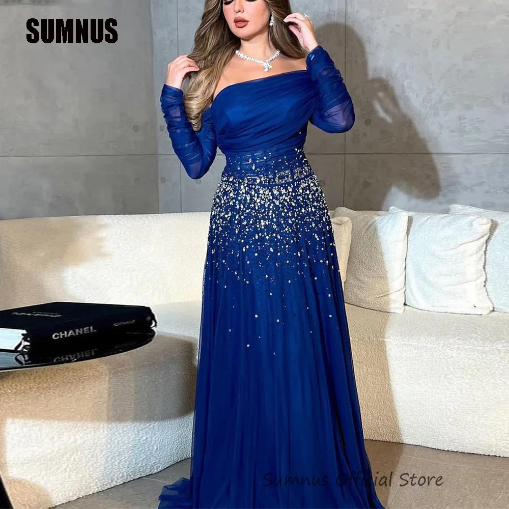 SUMNUS-Shiny-Royal-Blue-Boat-Neck-A-Line-Evening-Dresses-Long-Sleeves ...