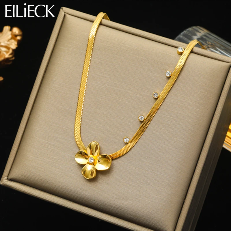 EILIECK-316L-Stainless-Steel-Gold-Color-Flower-Zircon-Pendant-Necklace ...