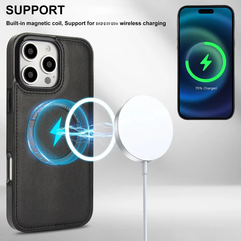 Magnetic Charging Leather Phone Case for IPhone 16 Pro Max 16e 15 14 ...
