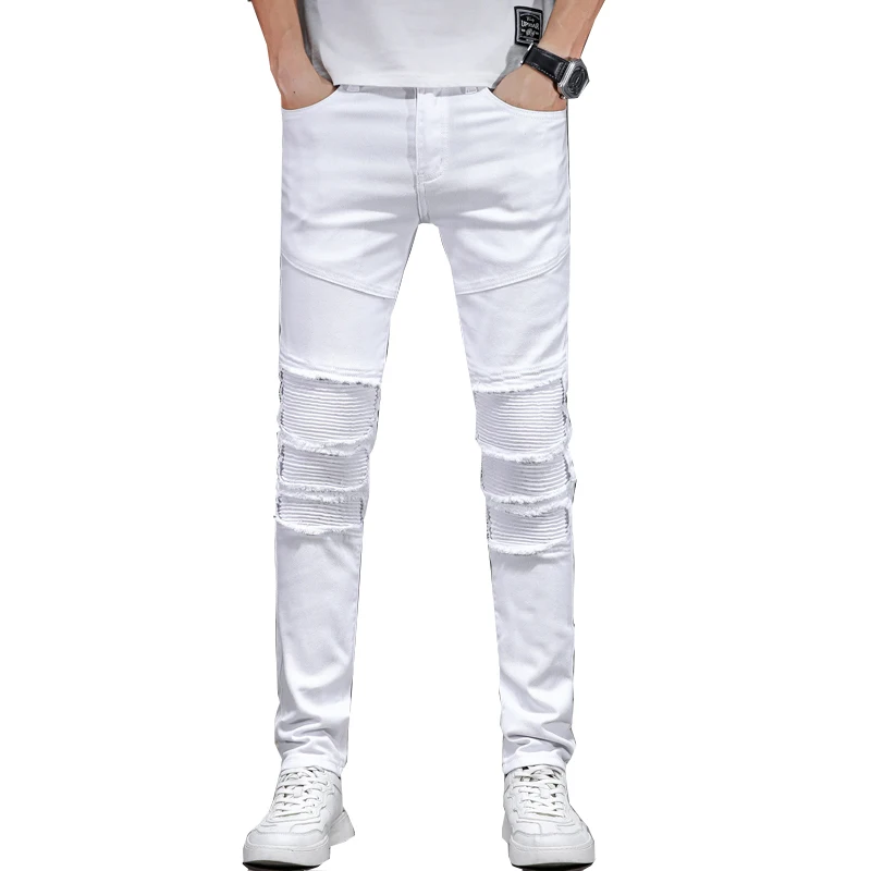 Mens-Jeans-Brand-White-Jeans-Strech-Hiphop-Slim-Skinny-Pleated-Men ...