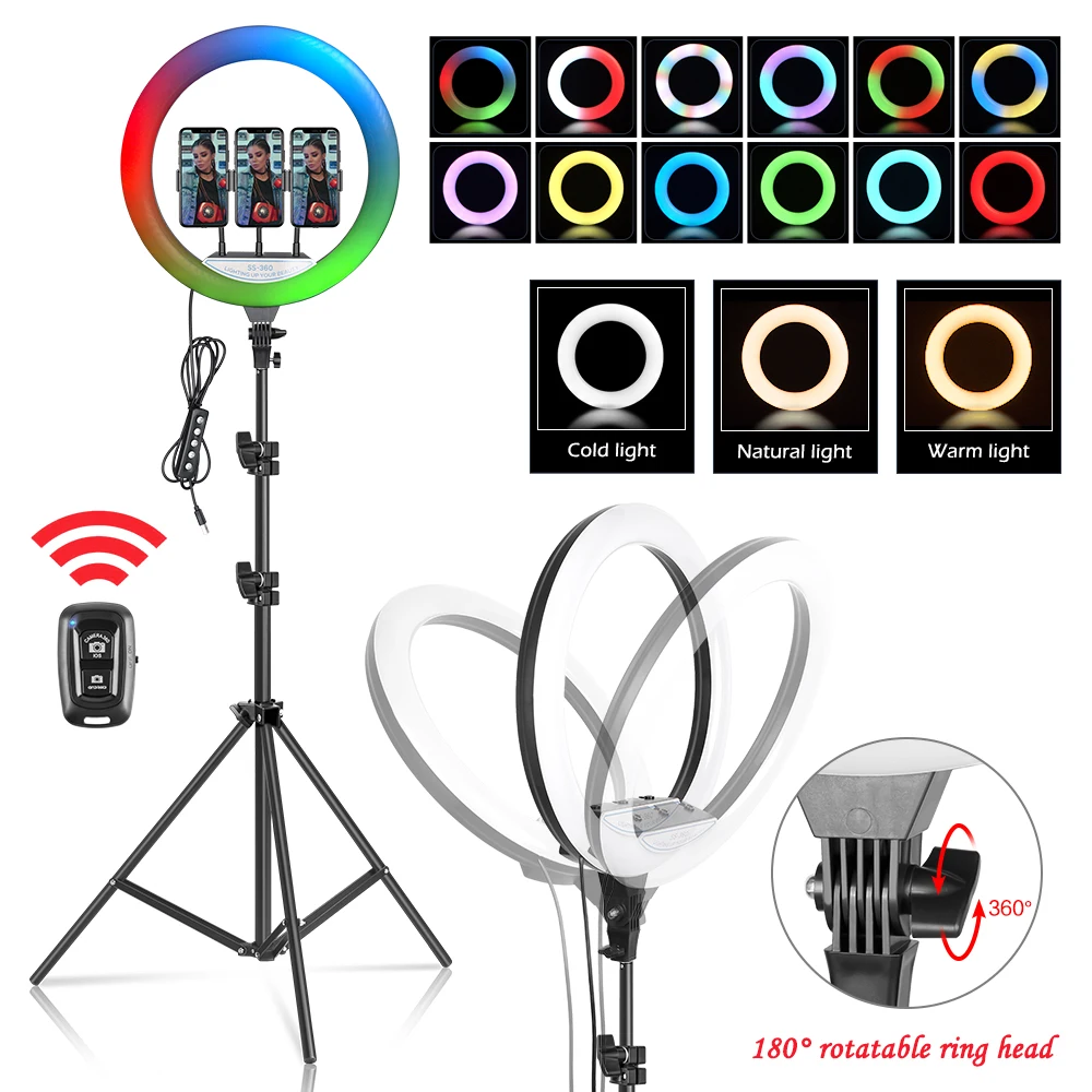14 inch 35.6cm RGB Ring Light Tripod LED Round Lamp Selfie Stick Tripod ...