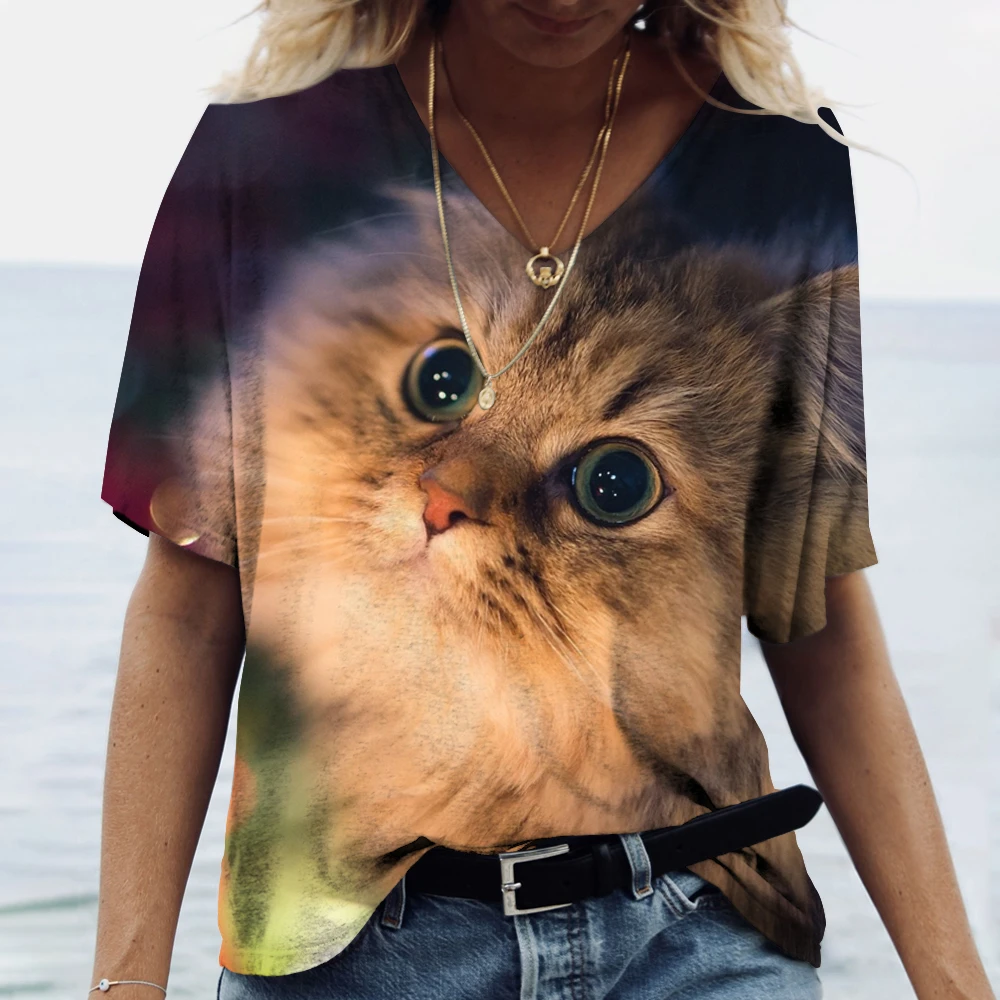 Camiseta con estampado 3D de gato Kawaii para mujer, camisa informal de ...