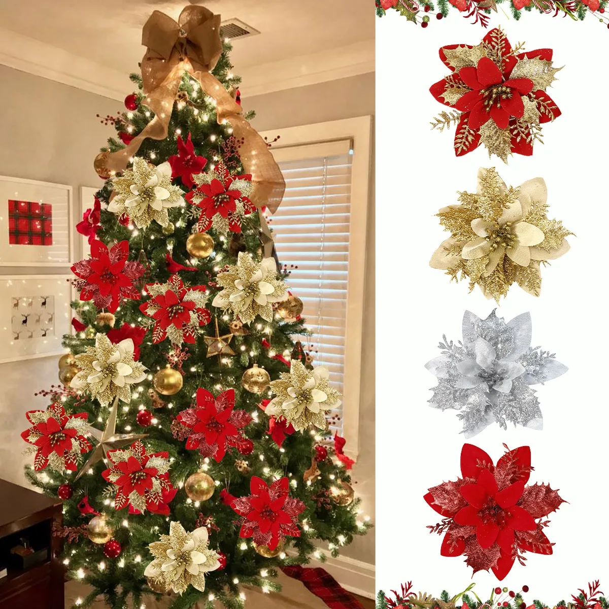 Christmas Glitter Flowers Fake Flower Christmas Tree Decorations for ...