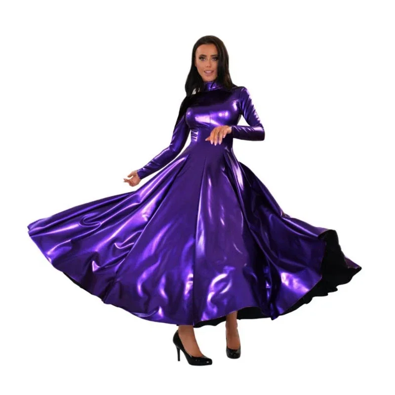 Frauen-Langarm-Lack-leder-A-Linie-Maxi-kleider-Party-Club-Fit-und-Flare ...