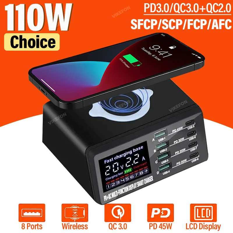 9 In 1 USB PD Charger Adapter Wireless Charging Station PPS Type C Fast ...