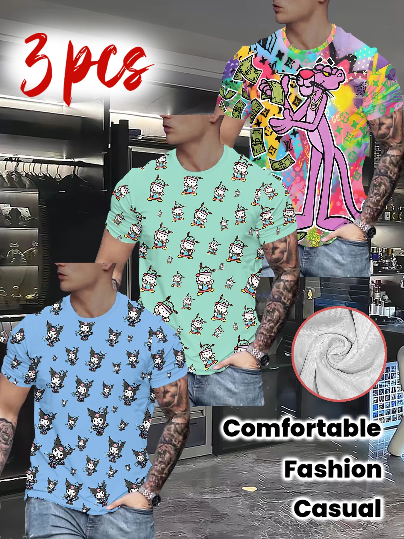 Men's Cartoon All-Over Print T-Shirt, Retro Style, Comfortable and Easy ...