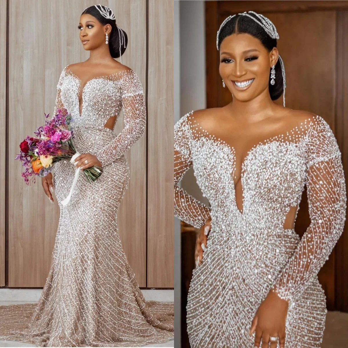 Sparkly-Mermaid-Wedding-Dress-Sequins-Pearls-Boat-Neck-Bridal-Gown-Long ...