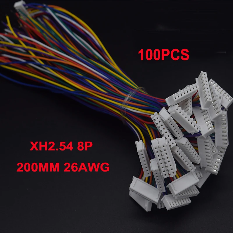 100 piezas 26AWG XH2.54 8Pin conector 2,54mm Pitch JST Plug Cable 8P 200mm longitud enchufe macho