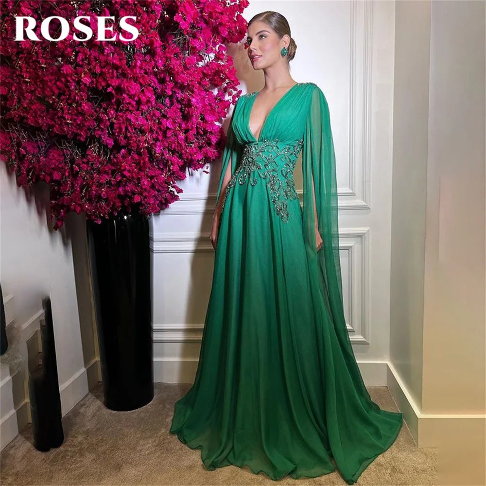 Green Beach Evening Dresses Embroidery Charming Prom Dress Chiffion ...