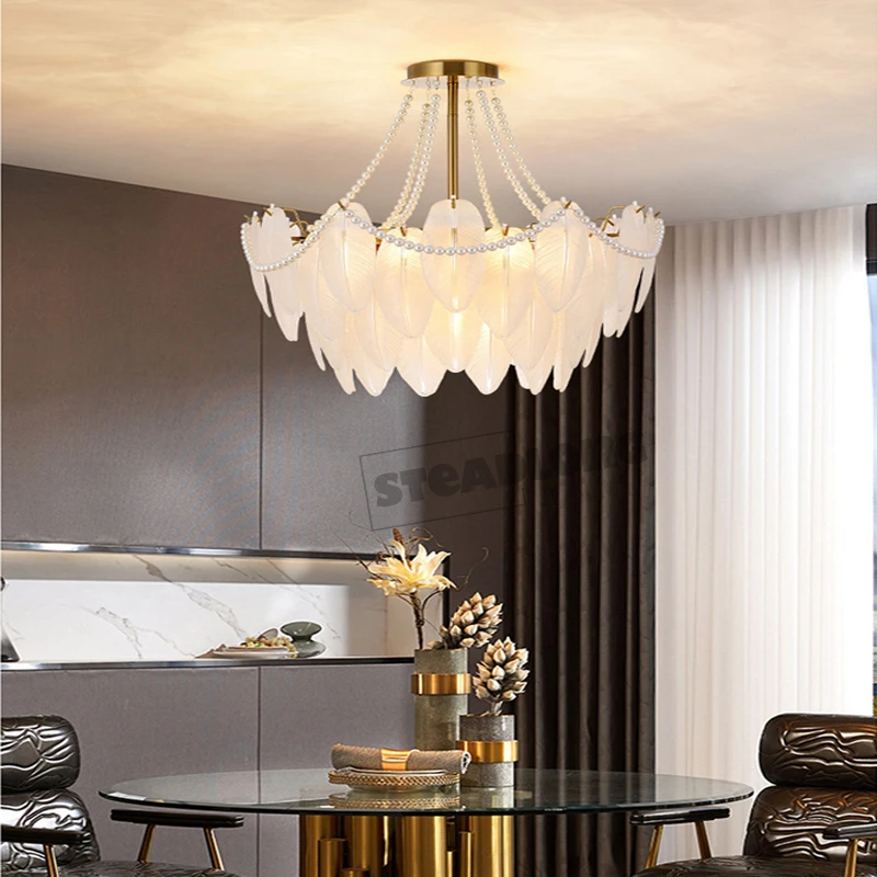 Modern Led Pearl Feather Glass Celling Chandeliers Living Dinging Room ...