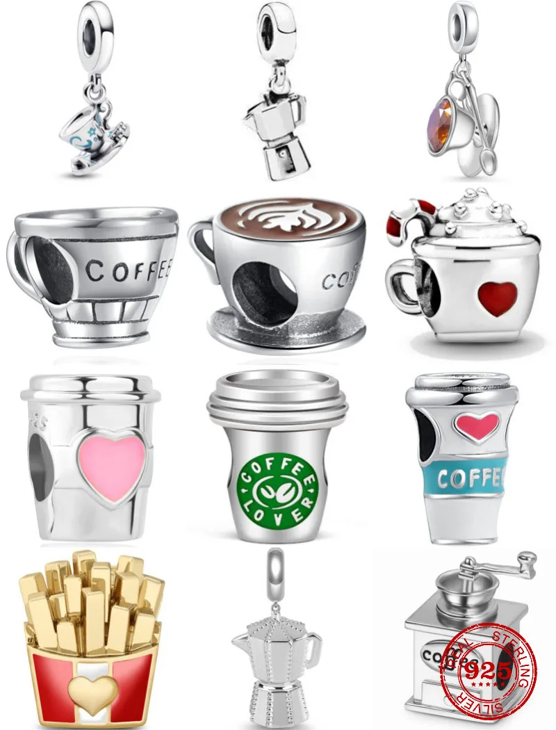 New 925 Sterling Silver coffee Coffee Maker French fries Fine Charm ...