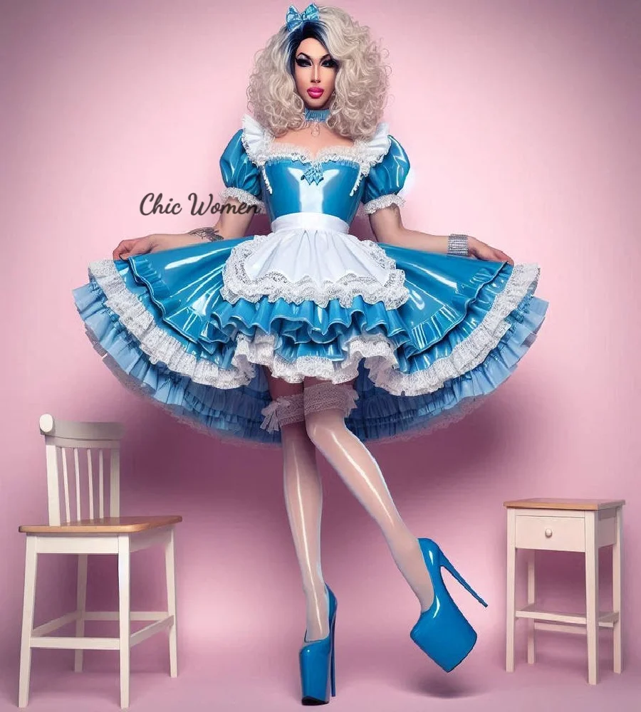 Punk Anime Blue Maid Dress With Apron Short Sleeve Cosplay Prom Dress ...