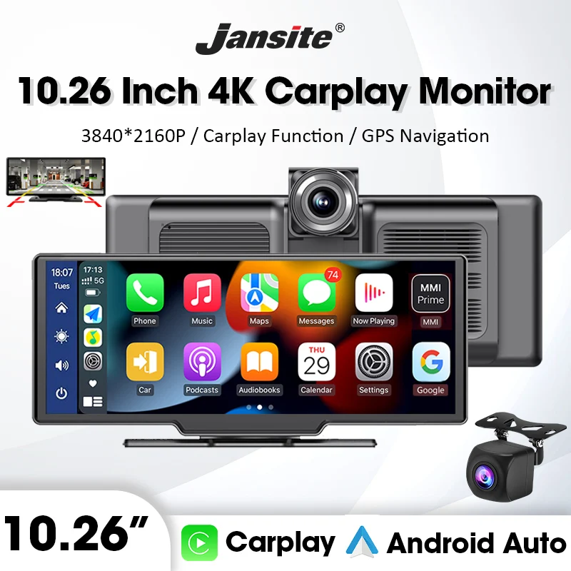 Jansite 10.26'' Dash Cam 4K Car Mirror Video Player Carplay&Android Auto GPS Car Monitor ...
