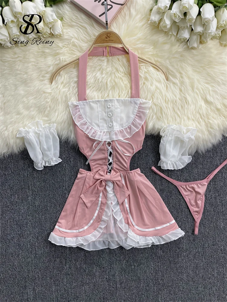 SINGREINY-Cosplay-Maid-Sexy-Nightdress-Suits-Halter-Bow-Split-Backless-Dress-Thongs-Women-Hollow ...