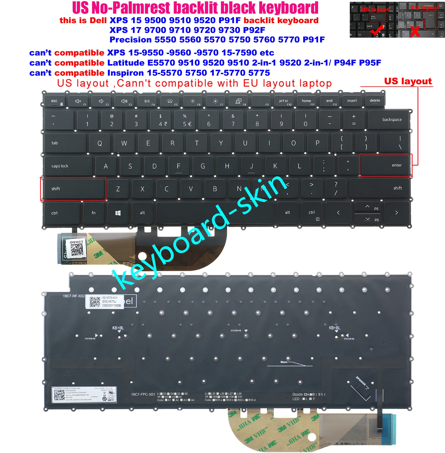 New-US-Backlit-Keyboard-For-Dell-XPS-9500-9510-9520-P91F-9700-9710-9720 ...