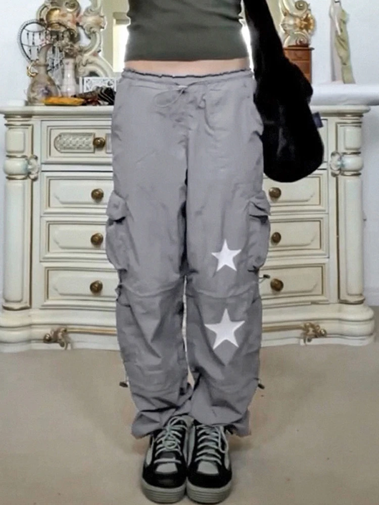 Y2k Baggy Gray Vintage Star Print Cargo Pants Women Drawstring Stitch ...